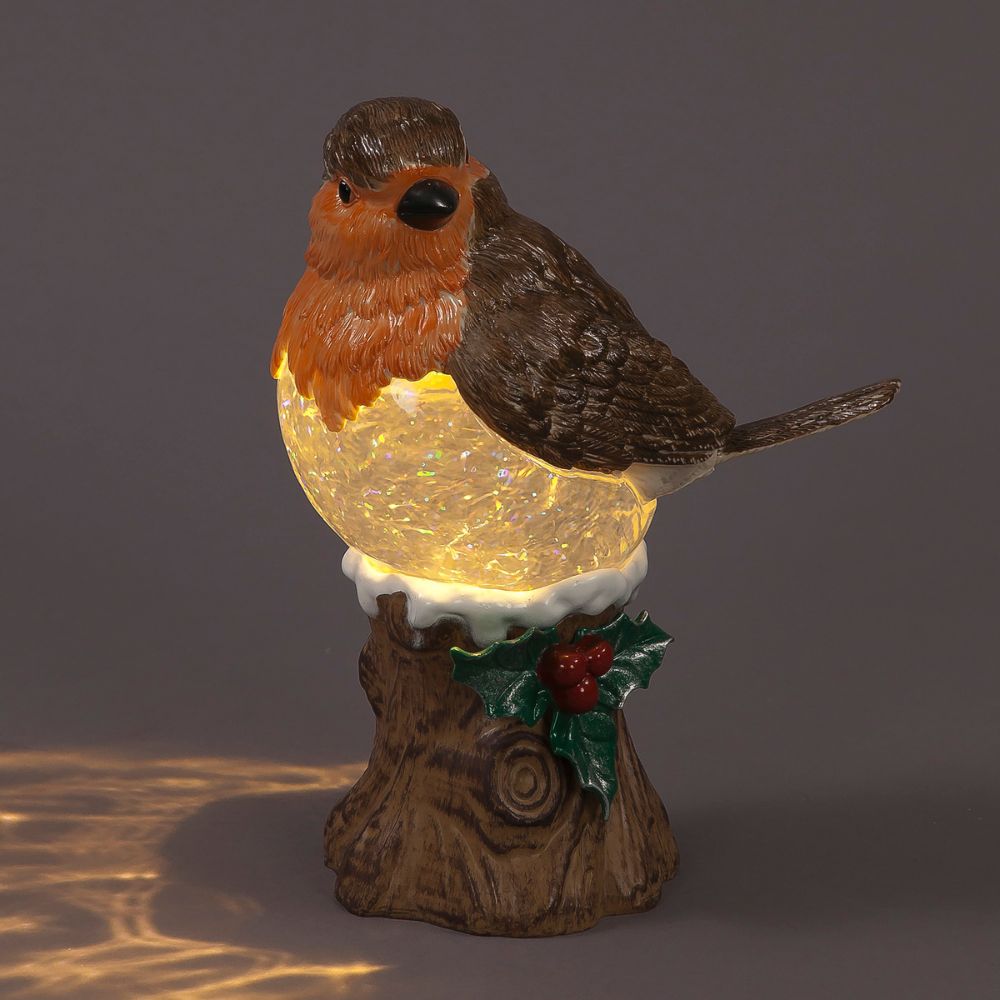 Snowtime Water Lantern Robin With Holly — Newbank Garden Centre